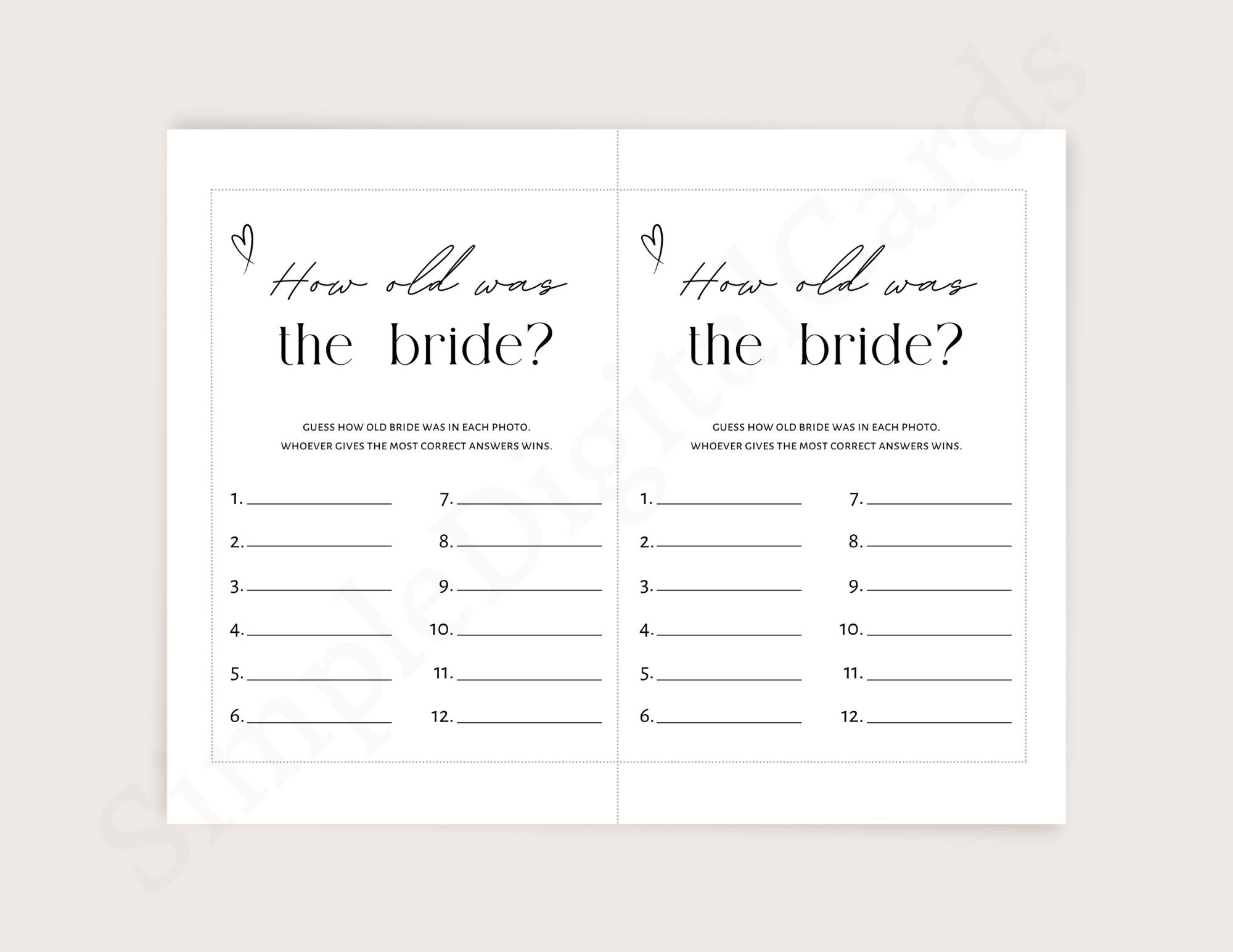 How Old Was the Bride, Bridal Shower Game Minimalist. Guess Age Game ...