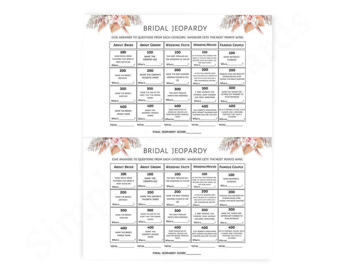 Bridal Jeopardy Game: Boho Floral Bridal Shower Quiz (digital Download ...