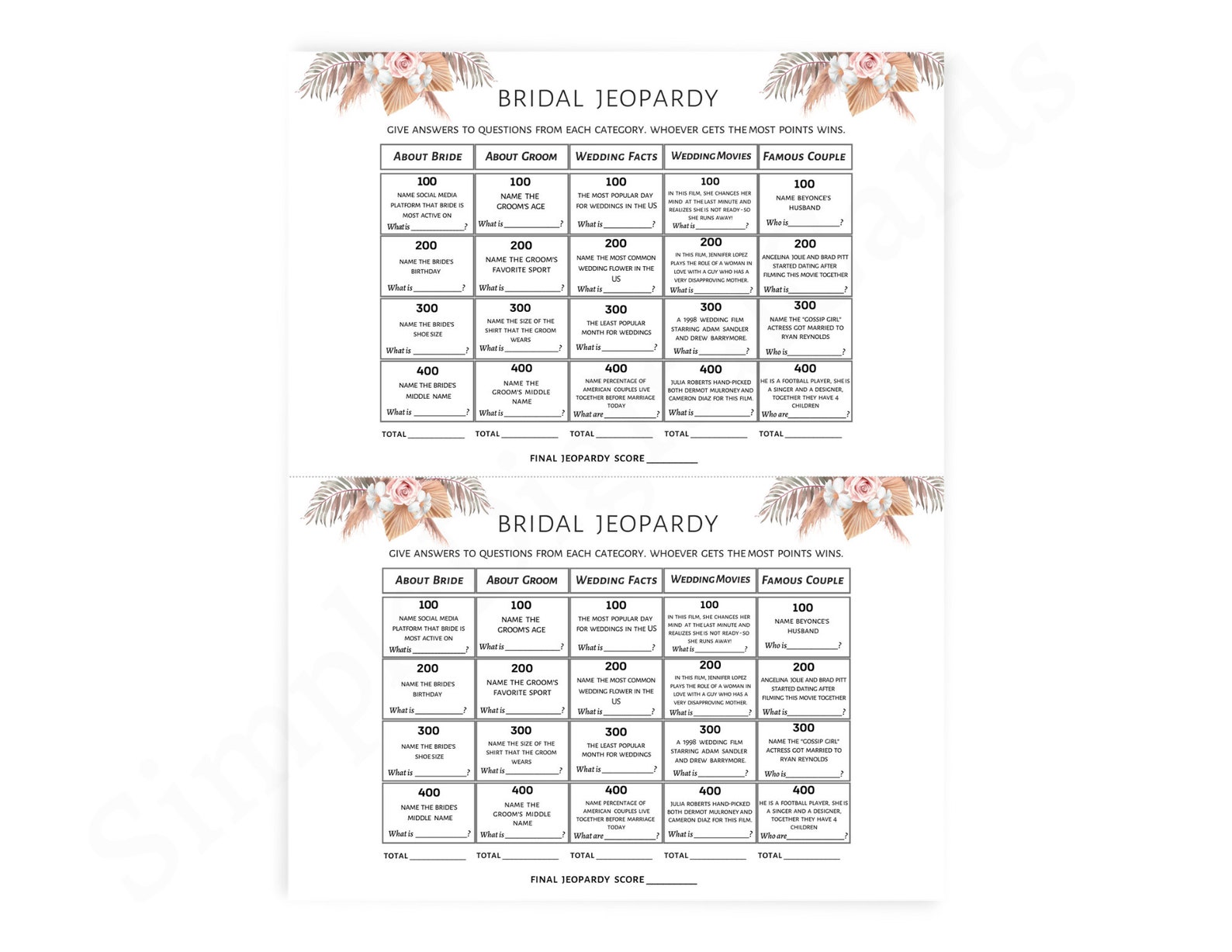 Bridal Jeopardy, Bridal Shower Game Boho, Bridal Shower Quiz, Floral ...