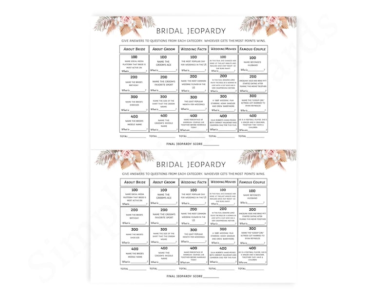Bridal Jeopardy, Bridal Shower Game Boho, Bridal Shower Quiz, Floral ...