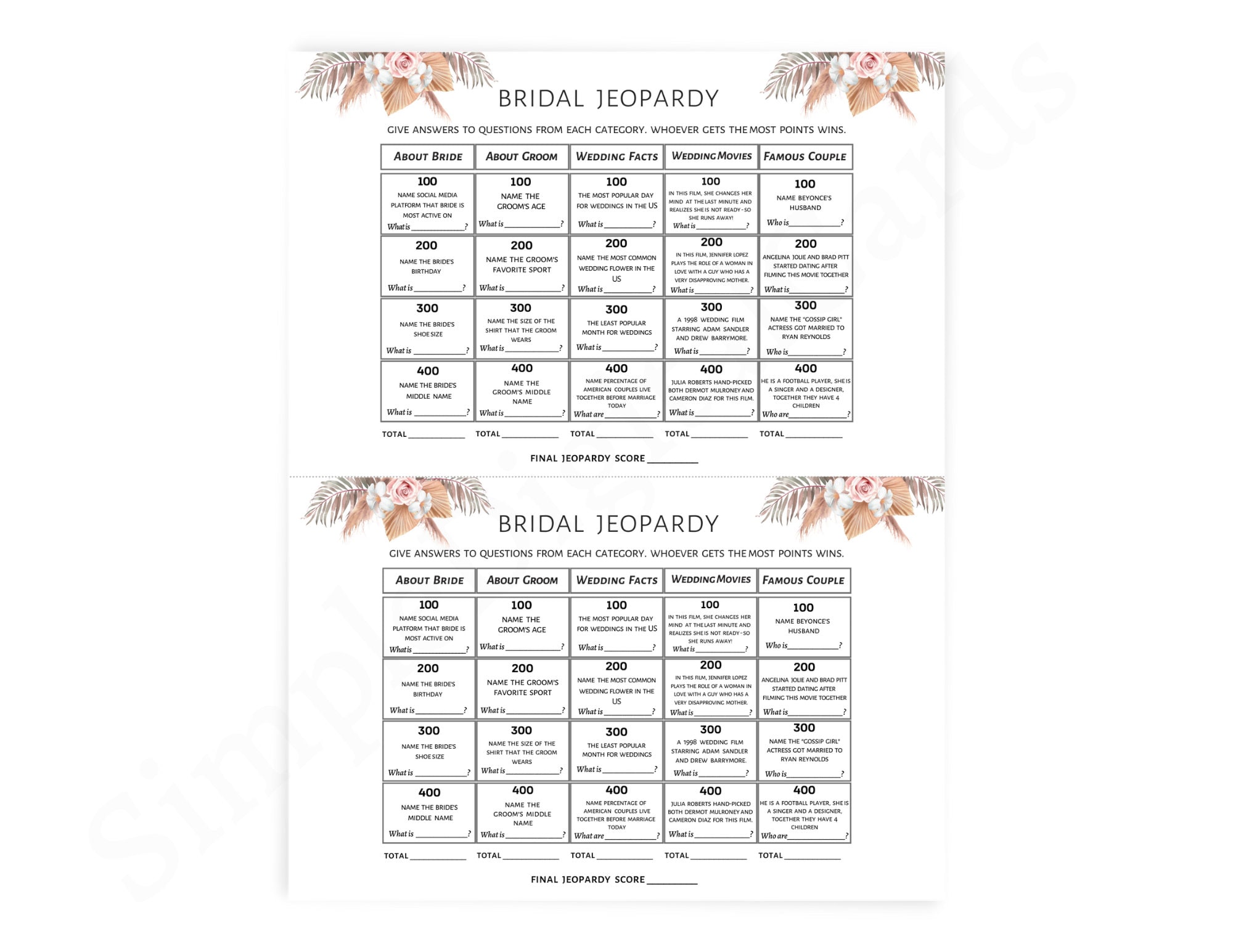 Bridal Jeopardy, Bridal Shower Game Boho, Bridal Shower Quiz, Floral ...