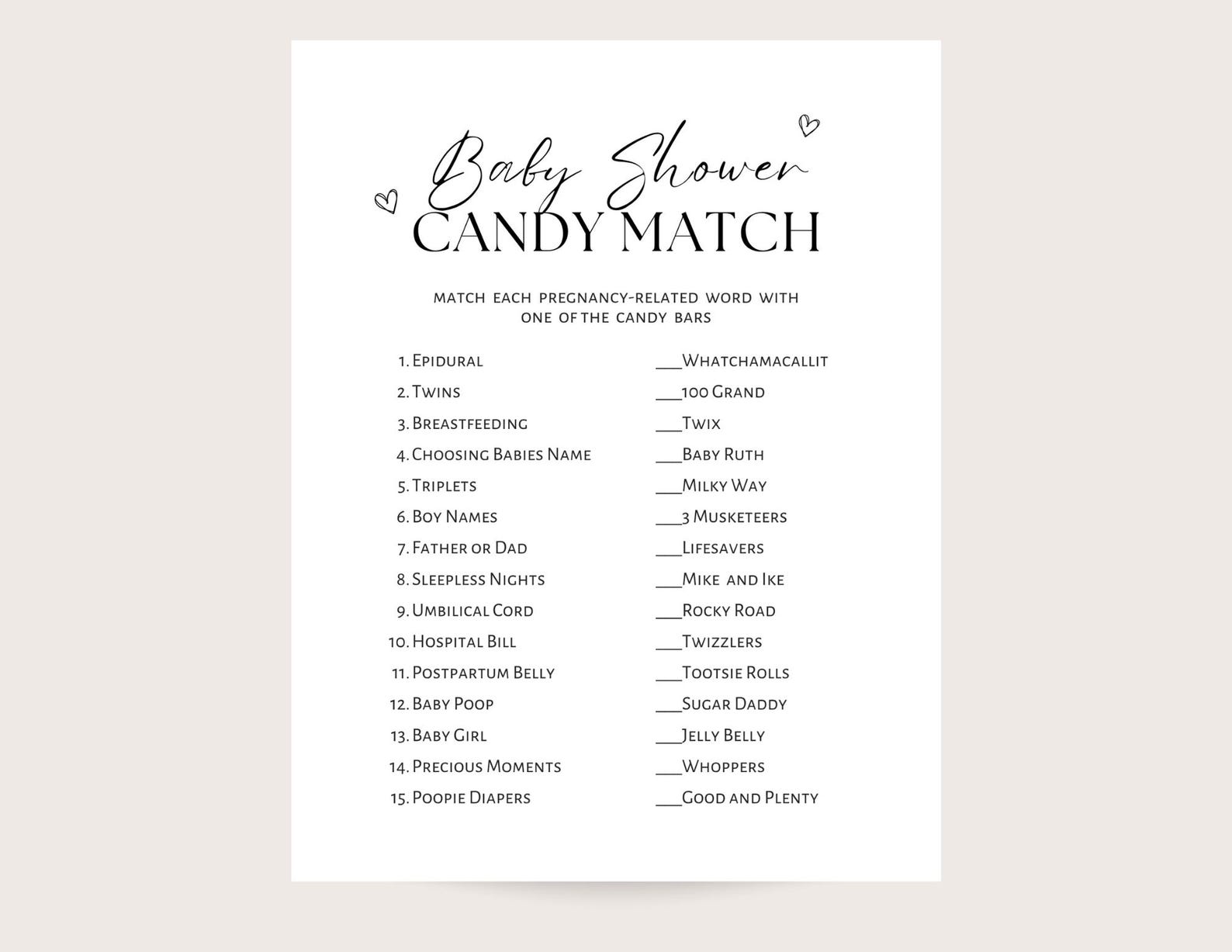 Baby Shower Game - Candy Match - Printable. Digital Download - Etsy