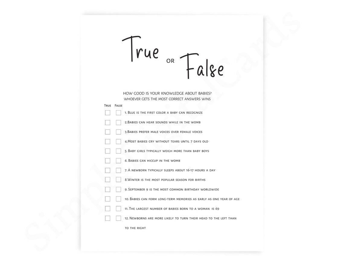 True or False Baby Shower Game Minimalist Co Ed Baby Shower - Etsy