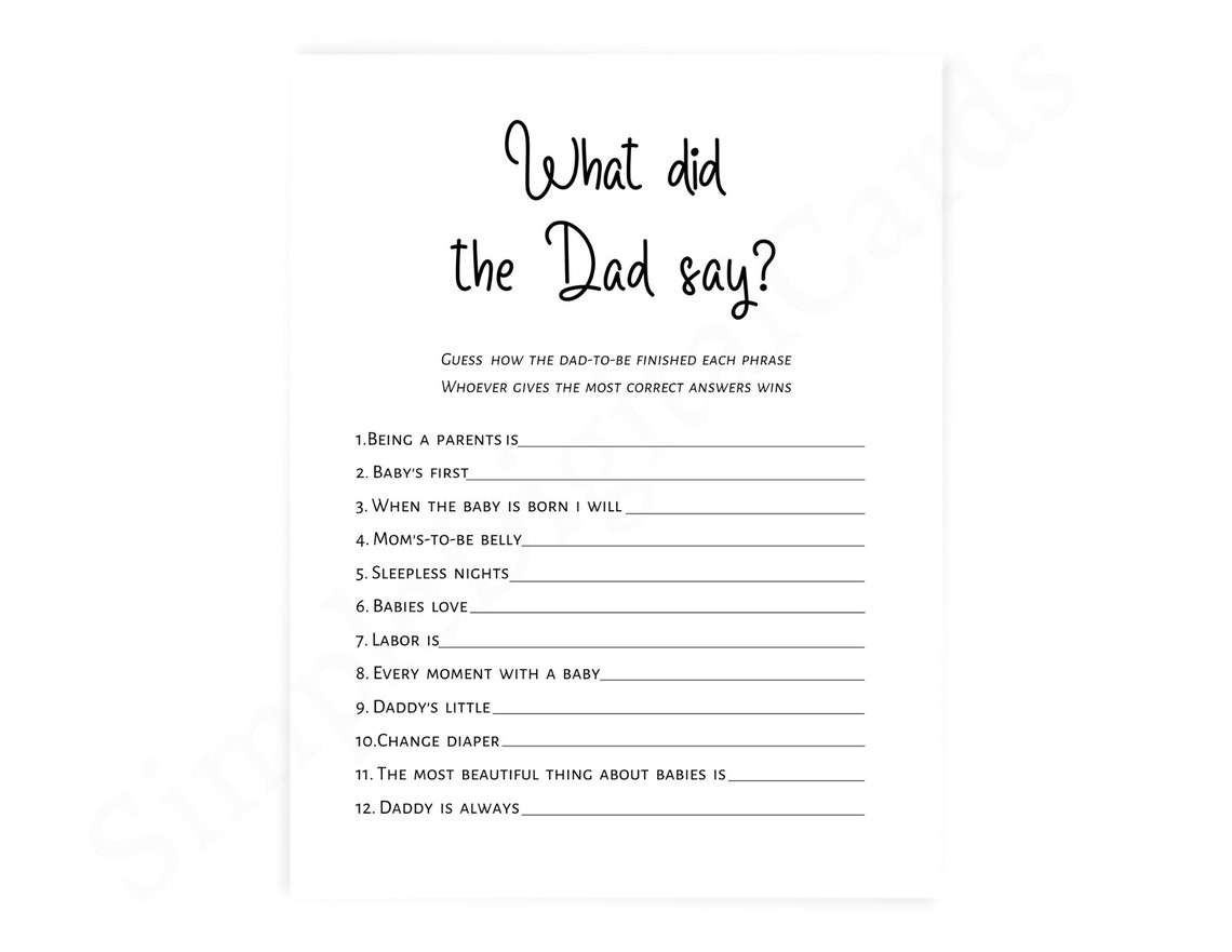 What Did the Dad Say, Baby Shower Game, Co Ed Baby Shower, Boy, Girl Gender Neutral, Game ...