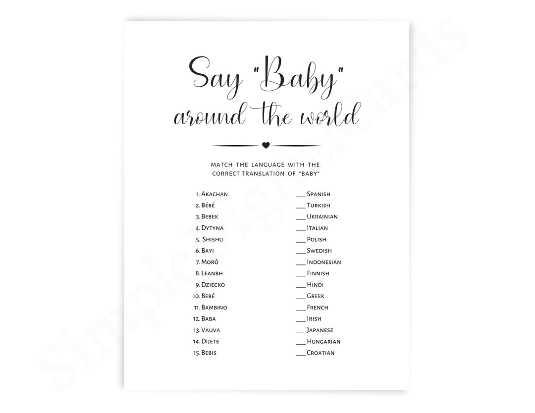 Say Baby Around the World, Baby Shower Game Minimalist, Guess Language ...