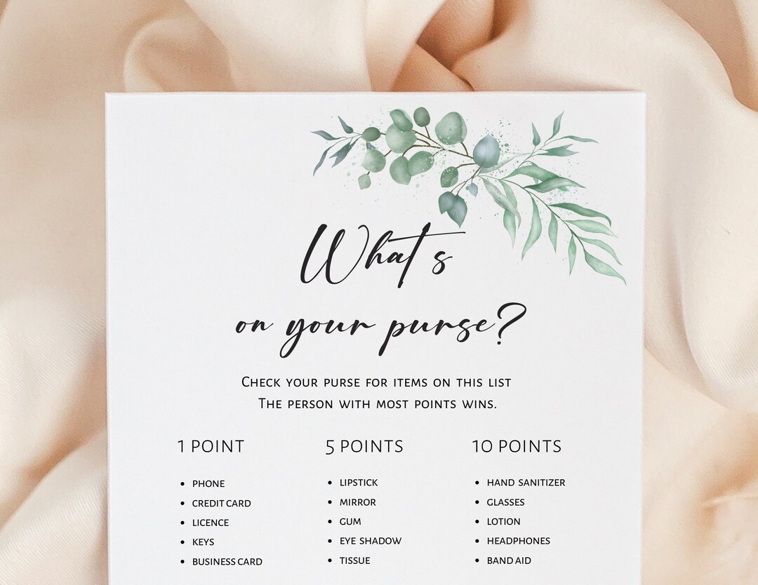 What's on Purse Baby Shower Game Greenery, Baby Shower Game Girl, Boy ...
