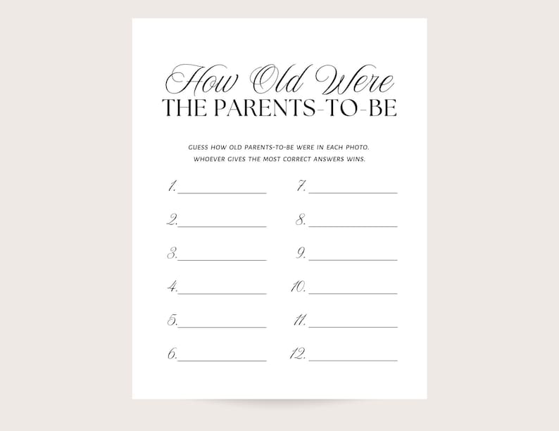 Minimalist Baby Shower Game: Guess the Parents' Age (PDF Downloadable ...