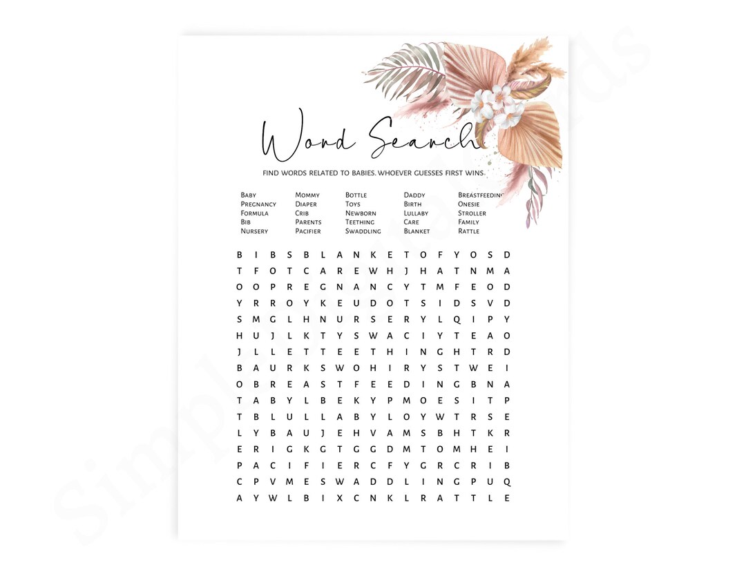 Word Search Baby Shower Game Boho Find Word Game Floral - Etsy