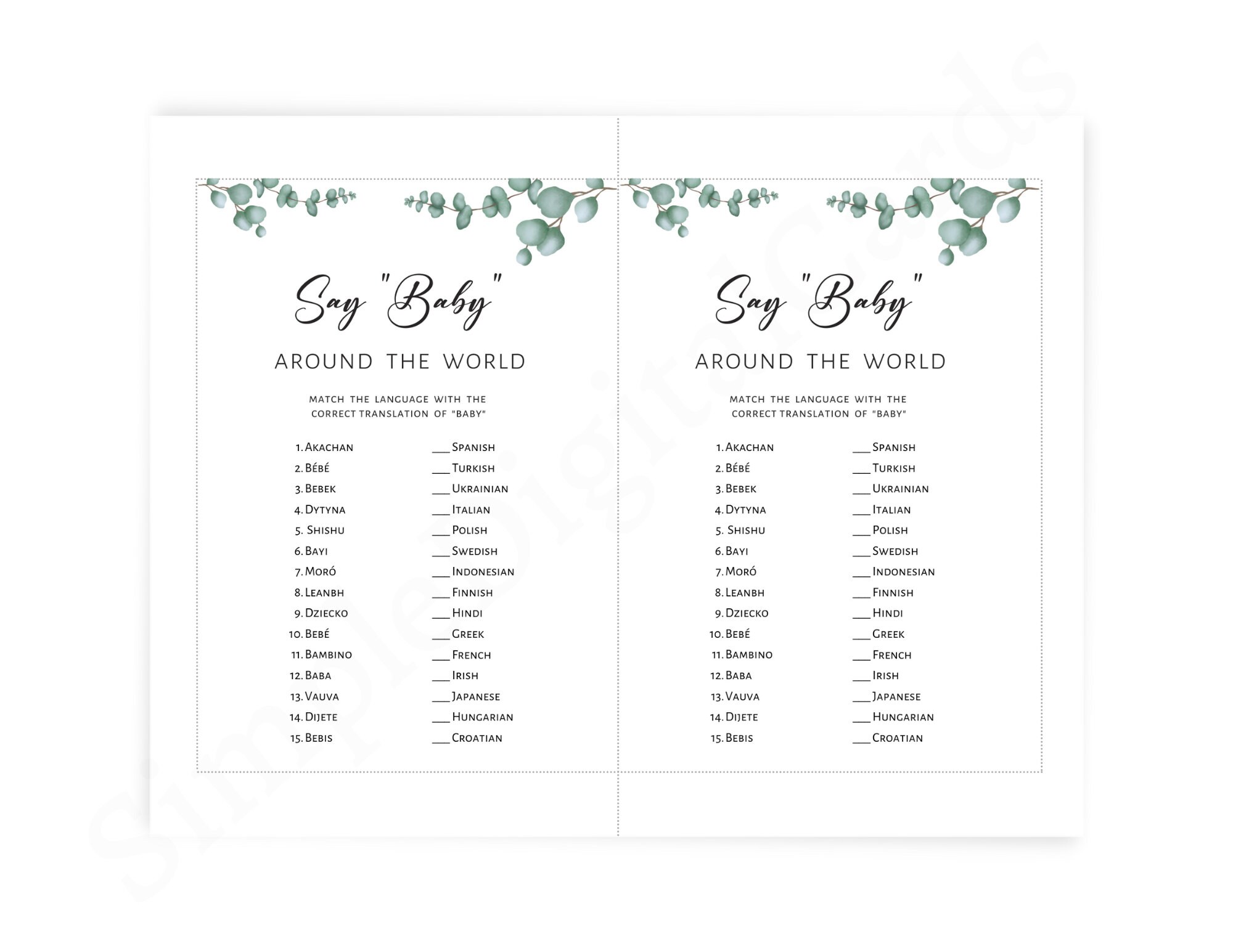 Say Baby Around the World Baby Shower Game Greenery, Game Eucalyptus ...
