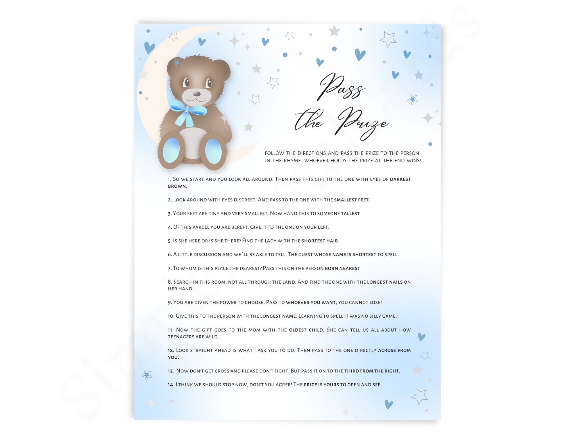 Pass the Prize Baby Shower Game: Bear, Moon & Stars (digital Download ...