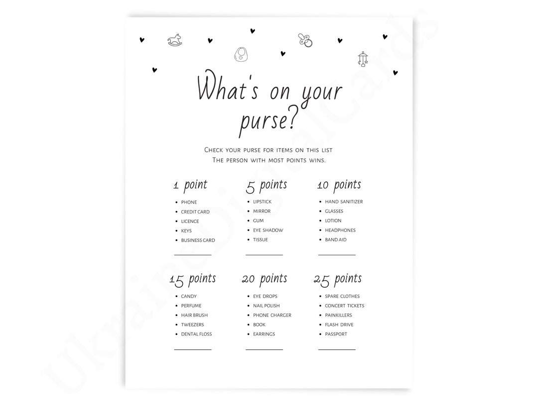 Game What's on Your Purse, Baby Shower Games, Black White Printable ...