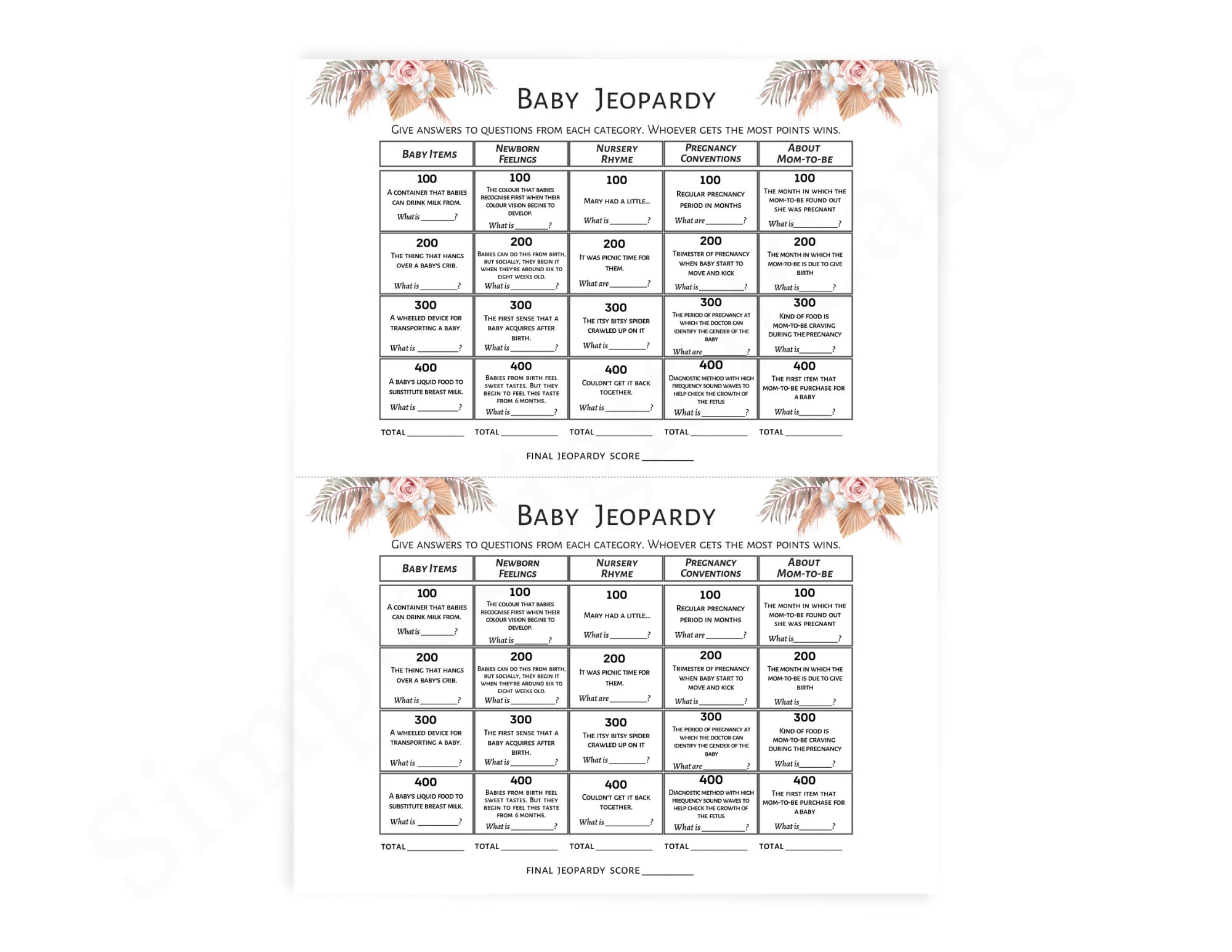 Boho Baby Shower Jeopardy Game: Gender Neutral Floral Quiz (digital ...