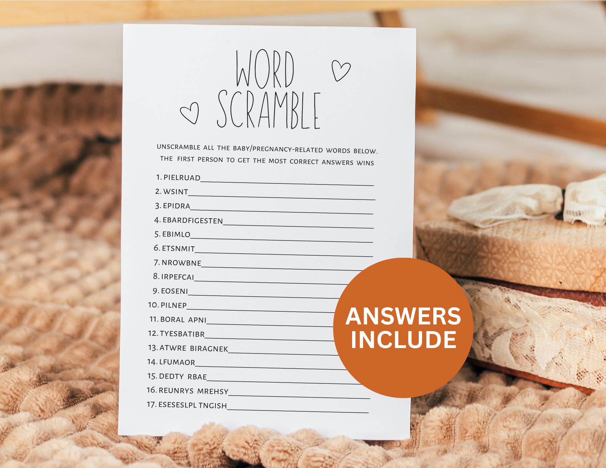 Word Scramble Baby Shower Game Printable Black and White, Simple Modern ...
