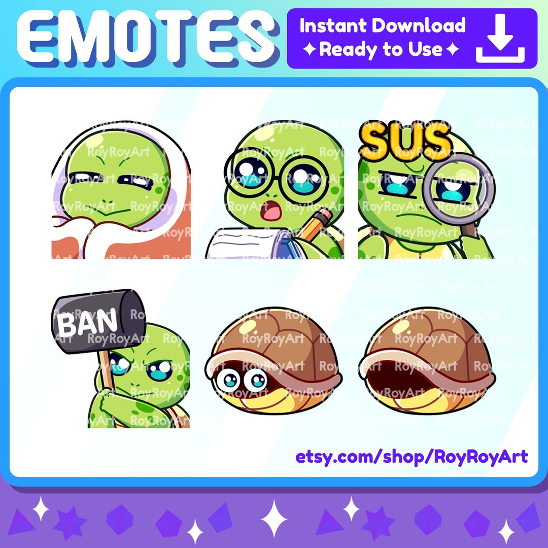 Twitch Emotes Turtle Pack 3 / Cozy, Note, Sus, Ban, Turtle Shell ...