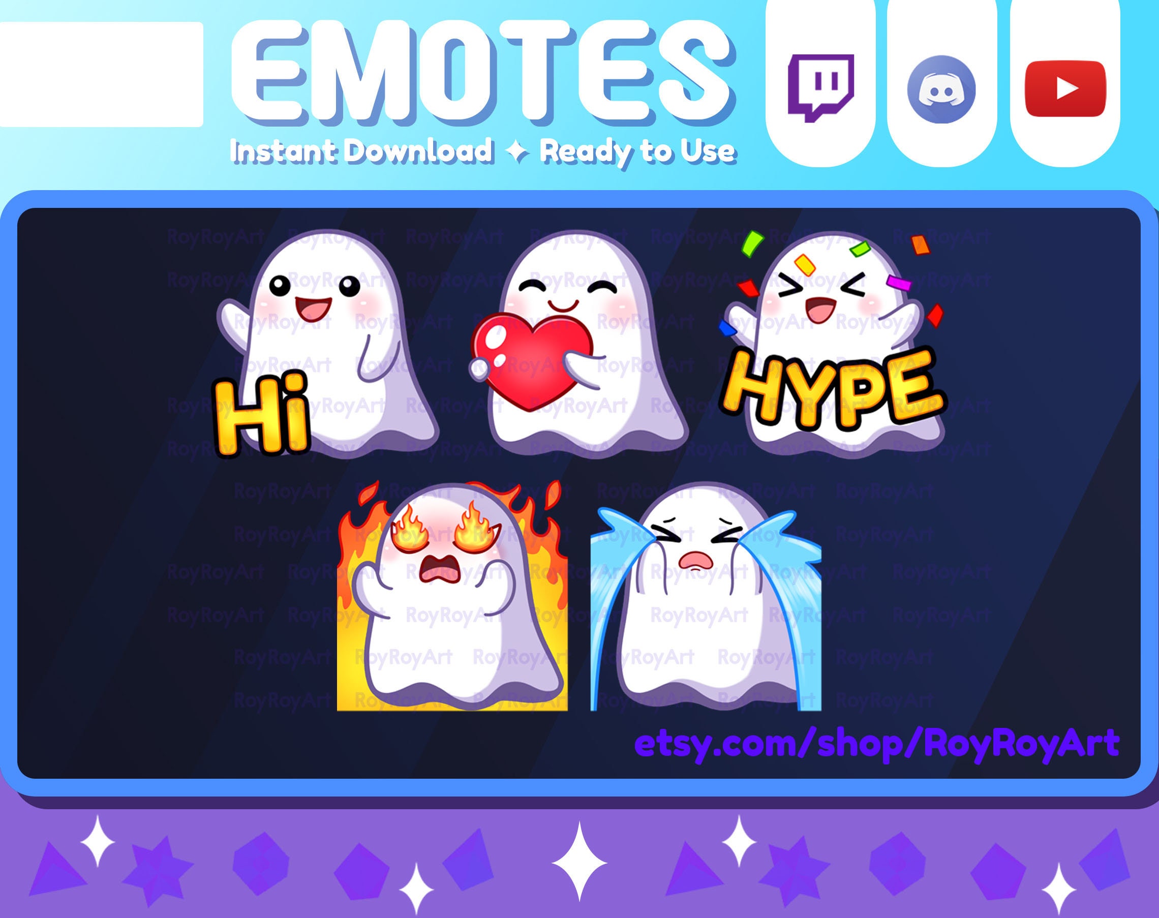 Twitch Emotes - Kawaii Ghost Emotes Pack 1 / Hi, Love, Hype, Angry ...