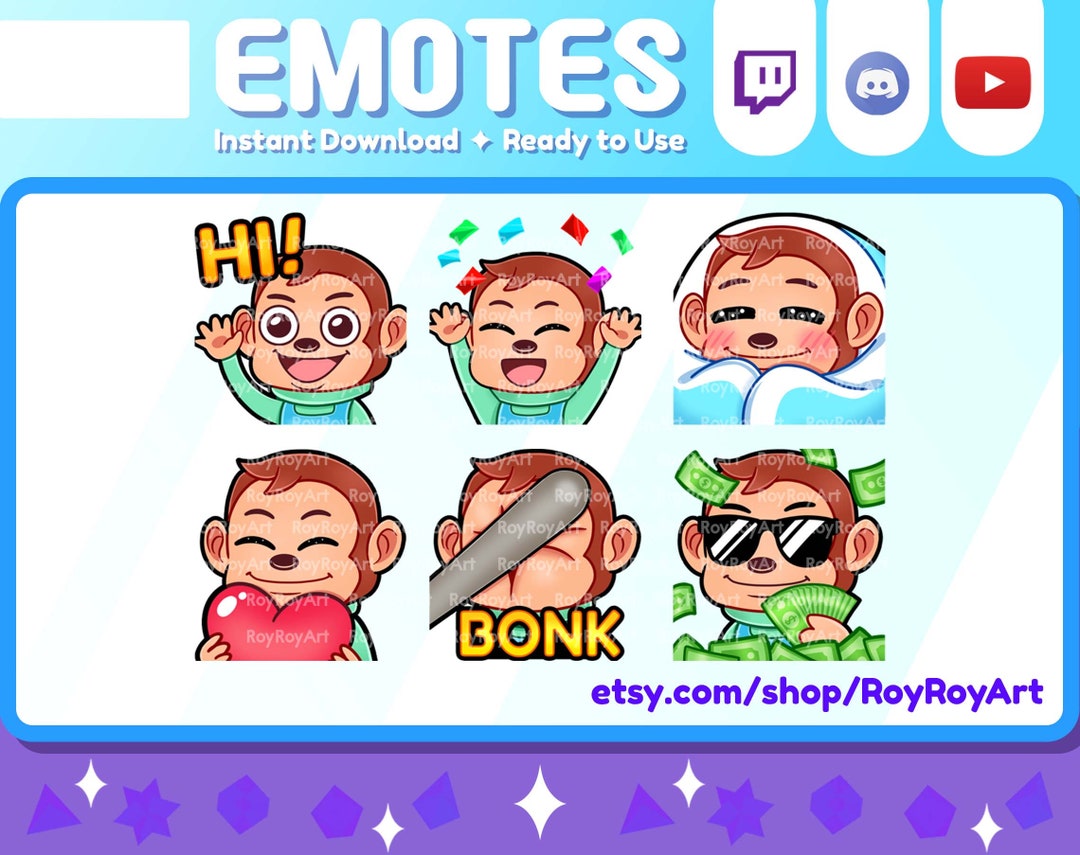 Twitch Emotes Pack - Monkey Emotes Pack / Hi, Hype, Cozy, Love, Bonk ...