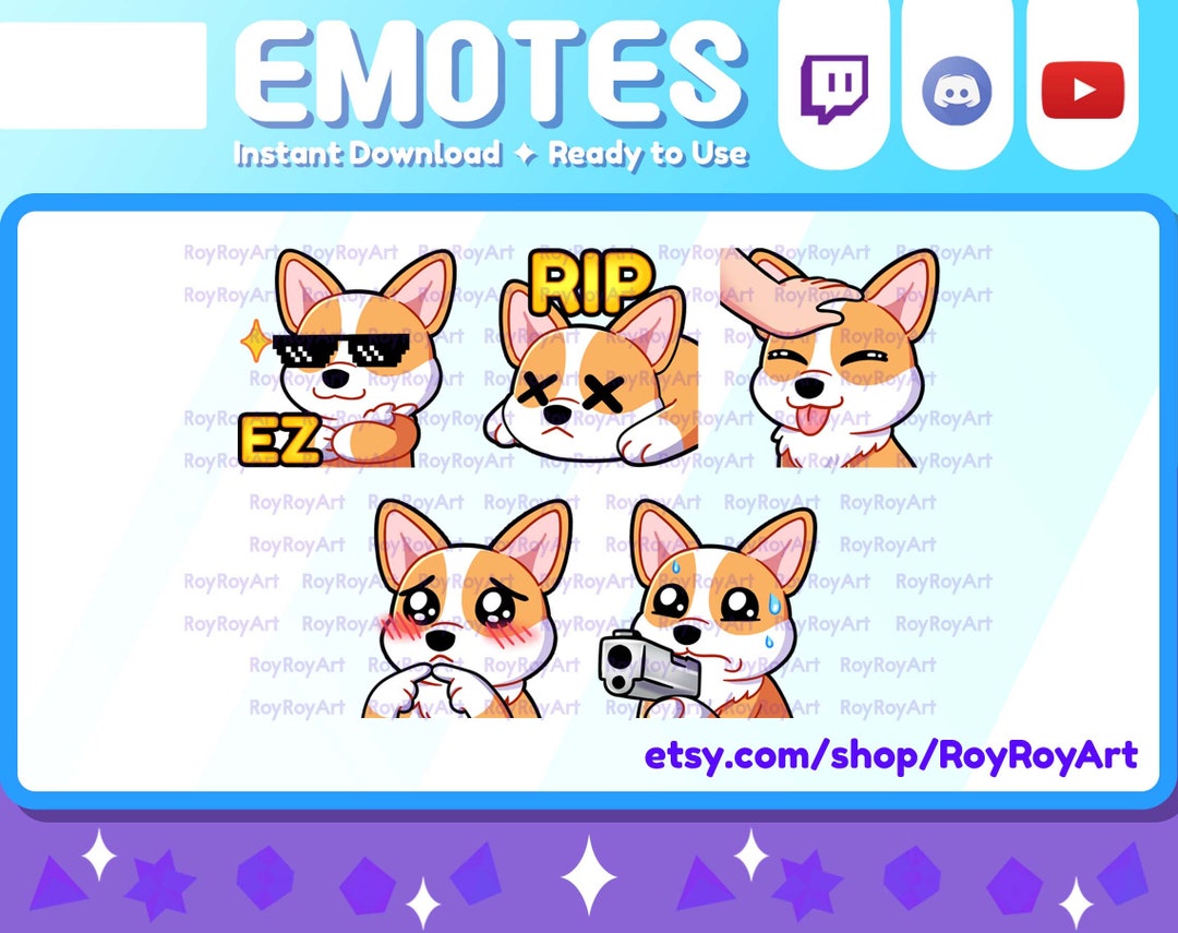 Twitch Emotes - Cute Corgi Emotes Pack 3 / EZ, RIP, Pat, Shy, Gun / Sub ...