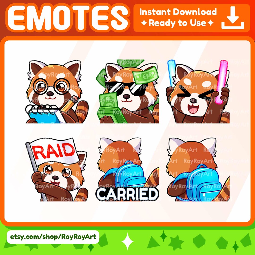 Twitch Emotes - Red Panda Emotes Pack 3 / Note, Money, Rave Lightsticks ...