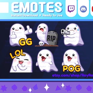 Twitch Emotes - Kawaii Ghost Emotes Pack 2 / GG, RIP, Gun, LOL Lul, Pog ...