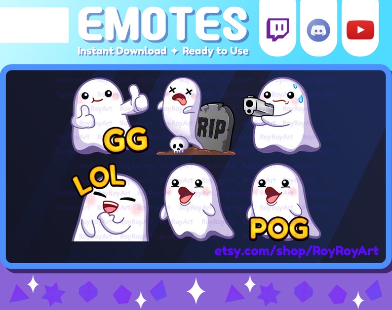 Twitch Emotes - Kawaii Ghost Emotes Pack 2 / GG, RIP, Gun, LOL Lul, Pog ...