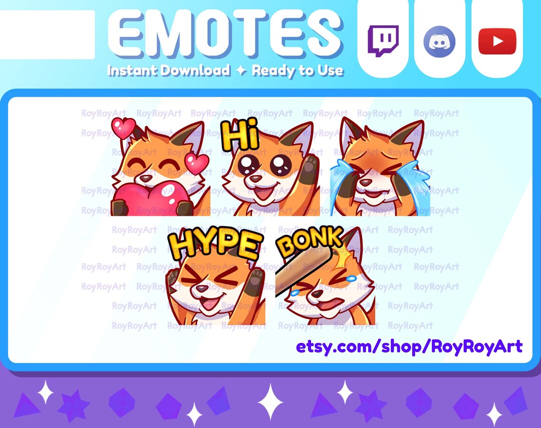Twitch Emotes - Cute Fox Kitsune / Love, Hi, Crying, Hype, Bonk / Sub ...