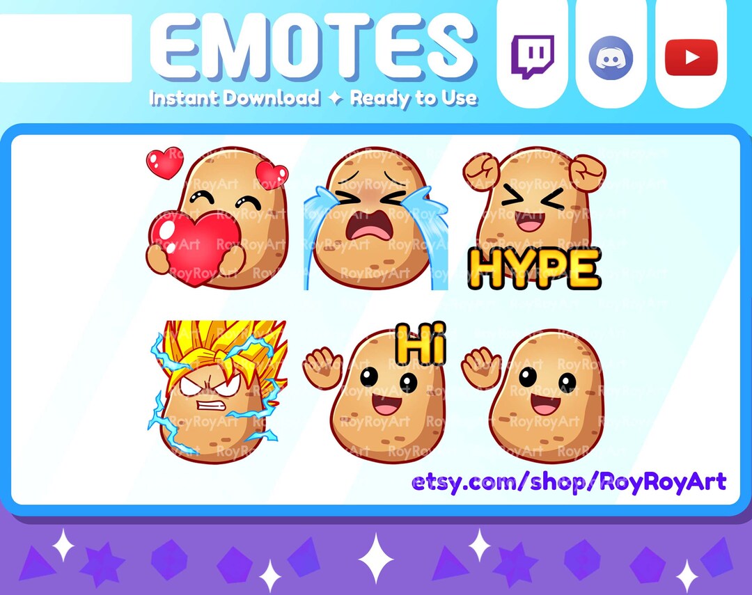 Twitch Emotes - Cute Potato Emotes Pack 1 / Love, Crying, Hype, Saiyan ...