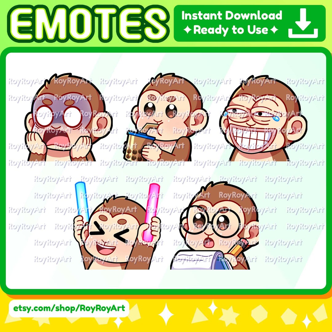 Twitch Emotes - Cute Monkey Pack 4 / Scared, Sipping Boba, Lol, Rave ...