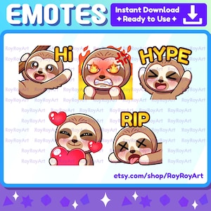 Twitch Emote - Cute Kawaii Sloth Pack 1 / Hi, Angry Rage, Hype, Love ...