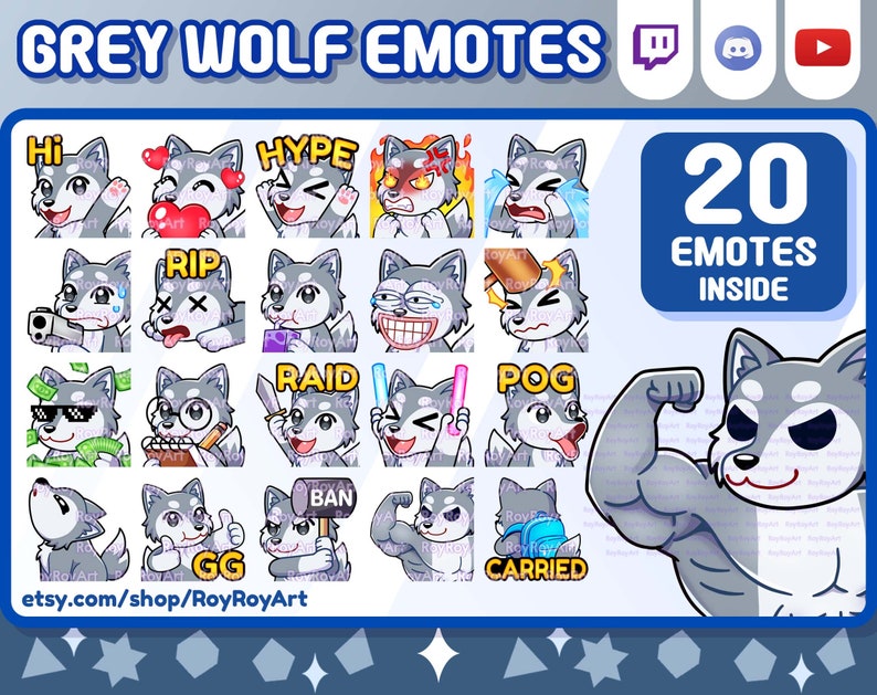 Twitch Emotes - Grey Wolf Mega Pack Include 20 Emotes - Etsy