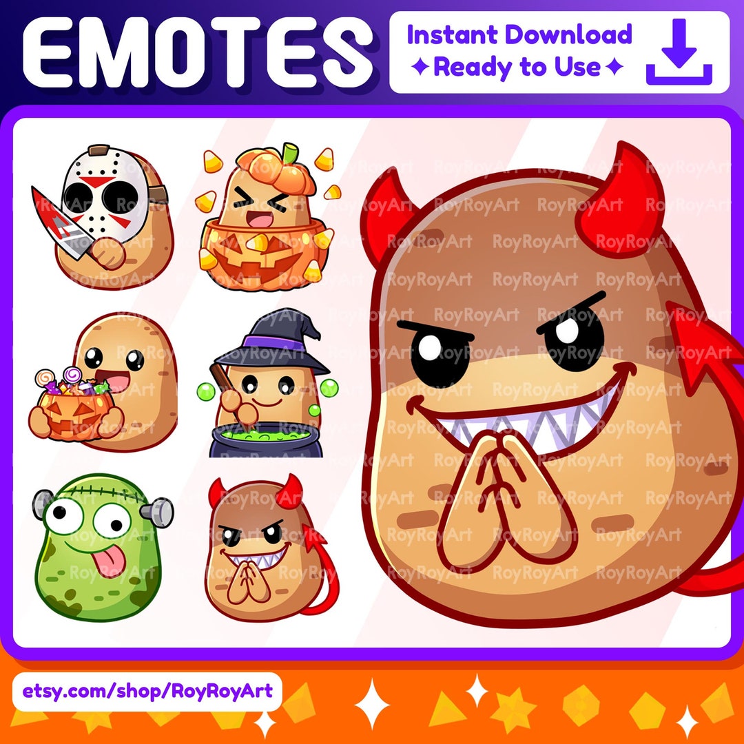 Halloween Twitch Emotes - Cute Potato / Knife, Pumpkin Cheer, Witch ...