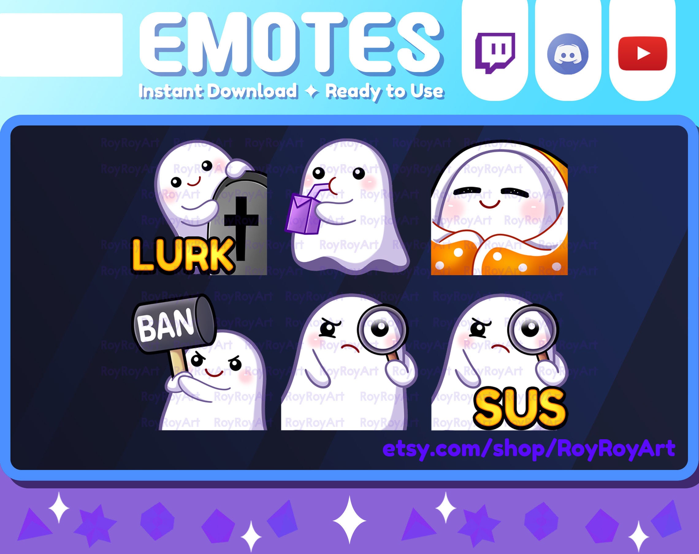 Twitch Emotes - Kawaii Ghost Emotes Pack 3 / Lurk, Sip, Cozy, Ban, Sus ...