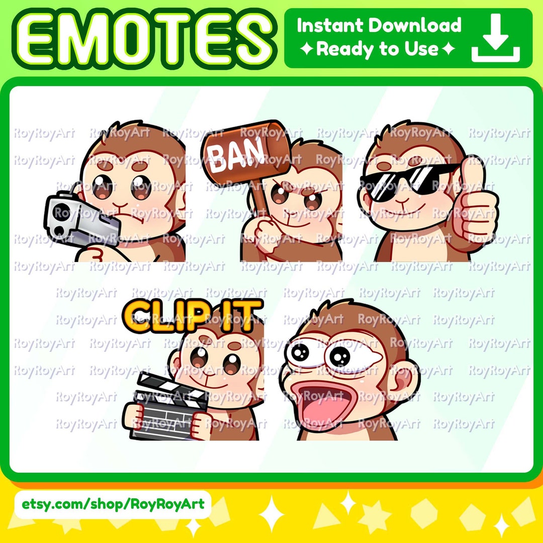 Twitch Emotes - Cute Monkey Pack 3 / Gun, Ban Hammer, Gg Thumbs Up ...