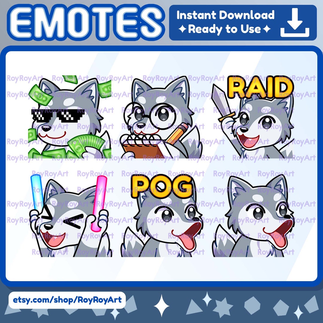 Twitch Emotes - Grey Wolf Pack 3 / Money, Note, Raid, Rave, Pog / Sub ...