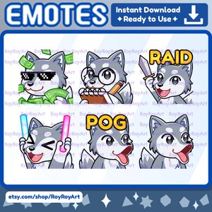 Twitch Emotes - Grey Wolf Pack 3 / Money, Note, Raid, Rave, Pog / Sub ...