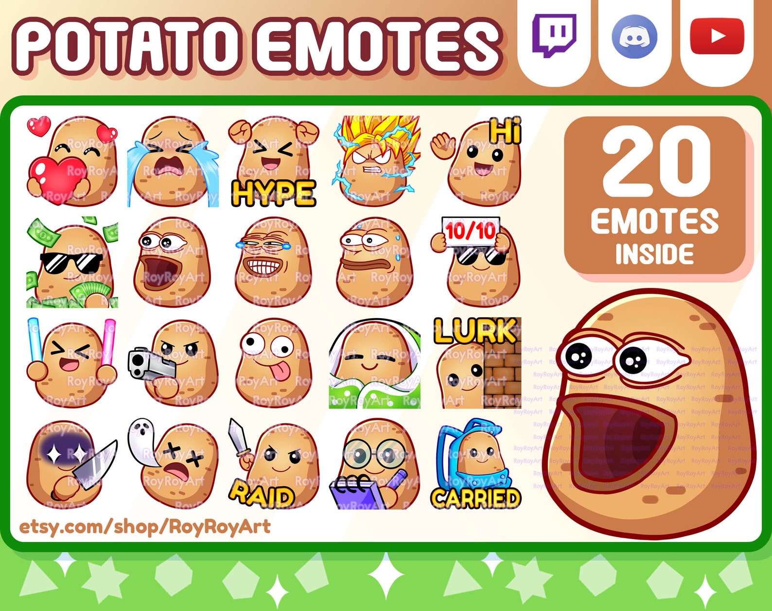 Twitch Emotes - Cute Potato Mega Pack Emotes / 20 Emotes Inside / Sub ...