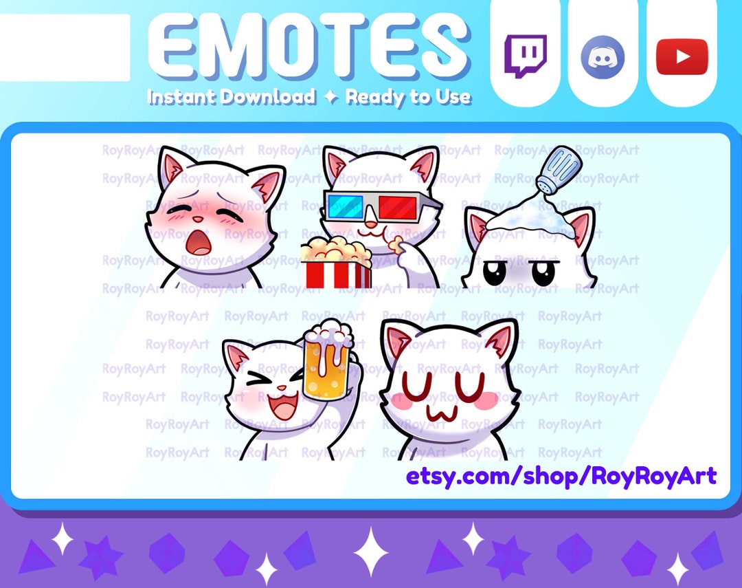 Twitch Emotes - White Cat Emotes Pack 5 / Gasm, Popcorn, Salty, Beer ...