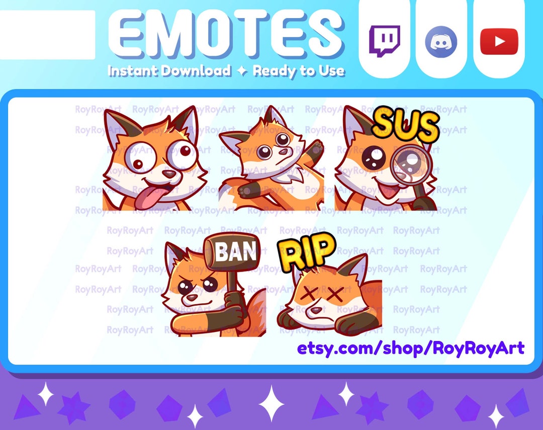 Twitch Emotes - Cute Fox Kitsune Pack 6 / Derp, Lazy, Sus, Ban, Rip ...