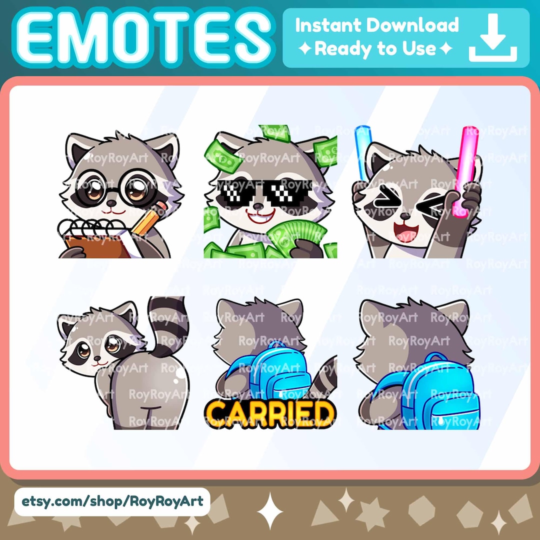 Twitch Emotes - Raccoon Emotes Pack 3 / Note, Money Cash Rich, Rave ...