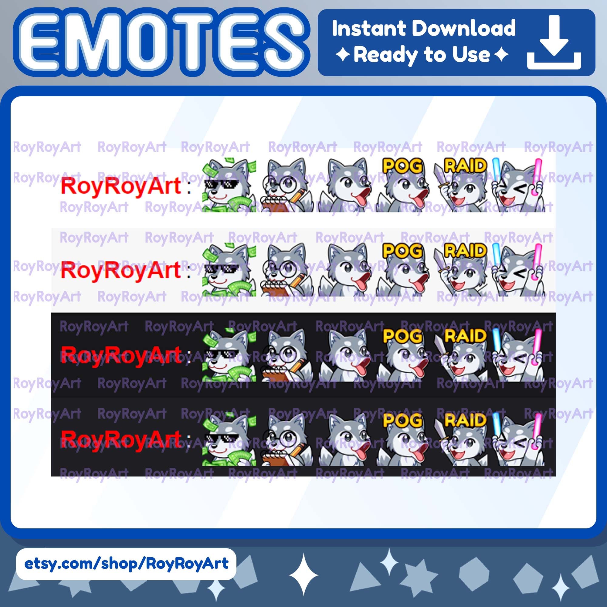 Twitch Emotes - Grey Wolf Pack 3 / Money, Note, Raid, Rave, Pog / Sub ...
