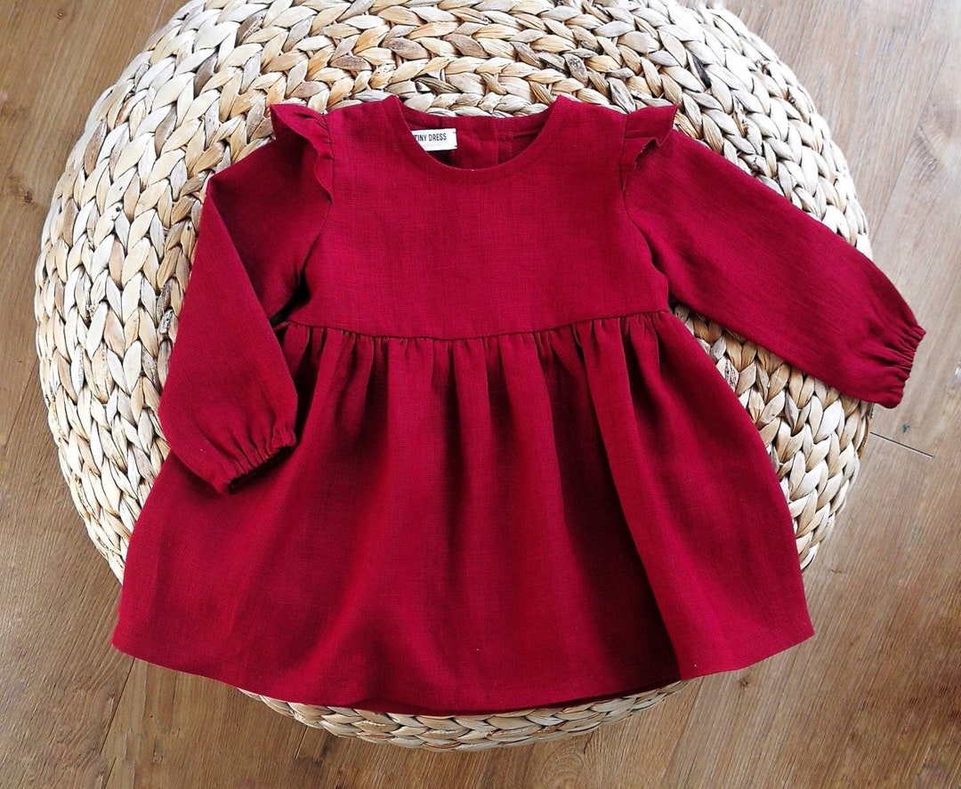 Linen Red Baby Dress, Deep Red Baby Outfit, Burgundy Flower Girl Dress ...