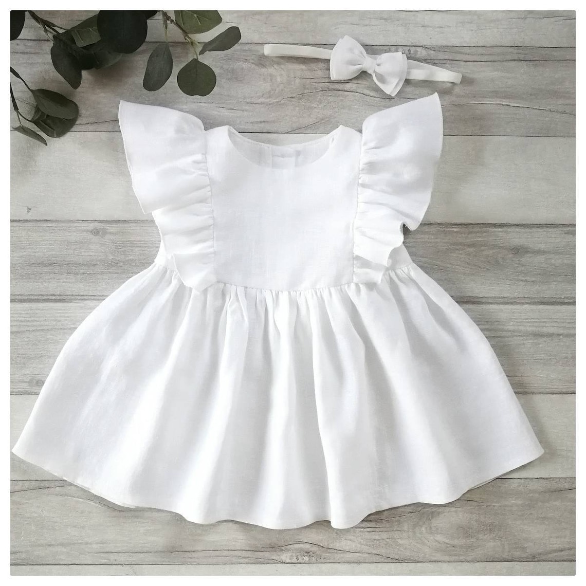 Simple Flower Girl Dress, Linen White Christening Dress Girl, Baptism ...