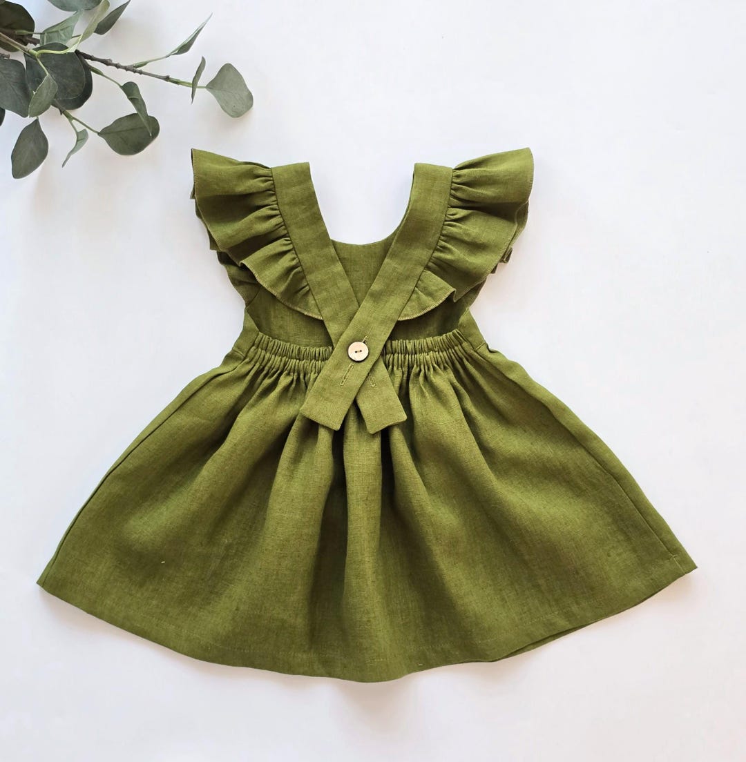 Eco-friendly Moss Green Linen Flower Girl Dress With Ruffle Shoulders ...