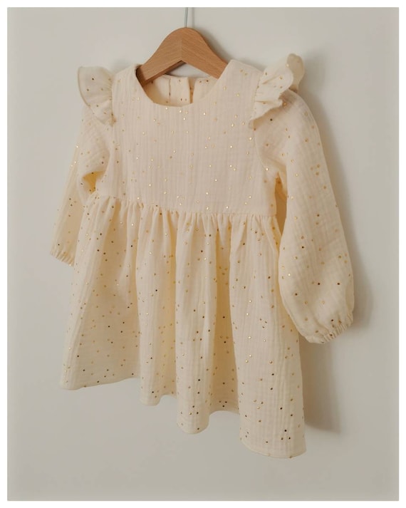 Ivory Flower Girl Dress Organic Muslin Cotton Long Sleeve | Etsy