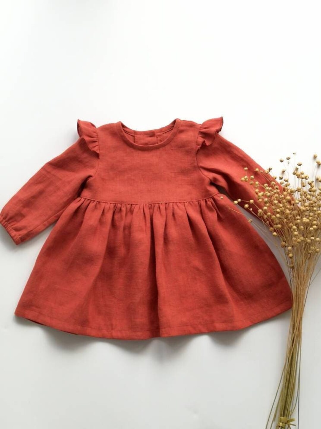 Boho Flower Girl Dress, Rust Linen Dress Long Sleeve, Girl's Wedding ...