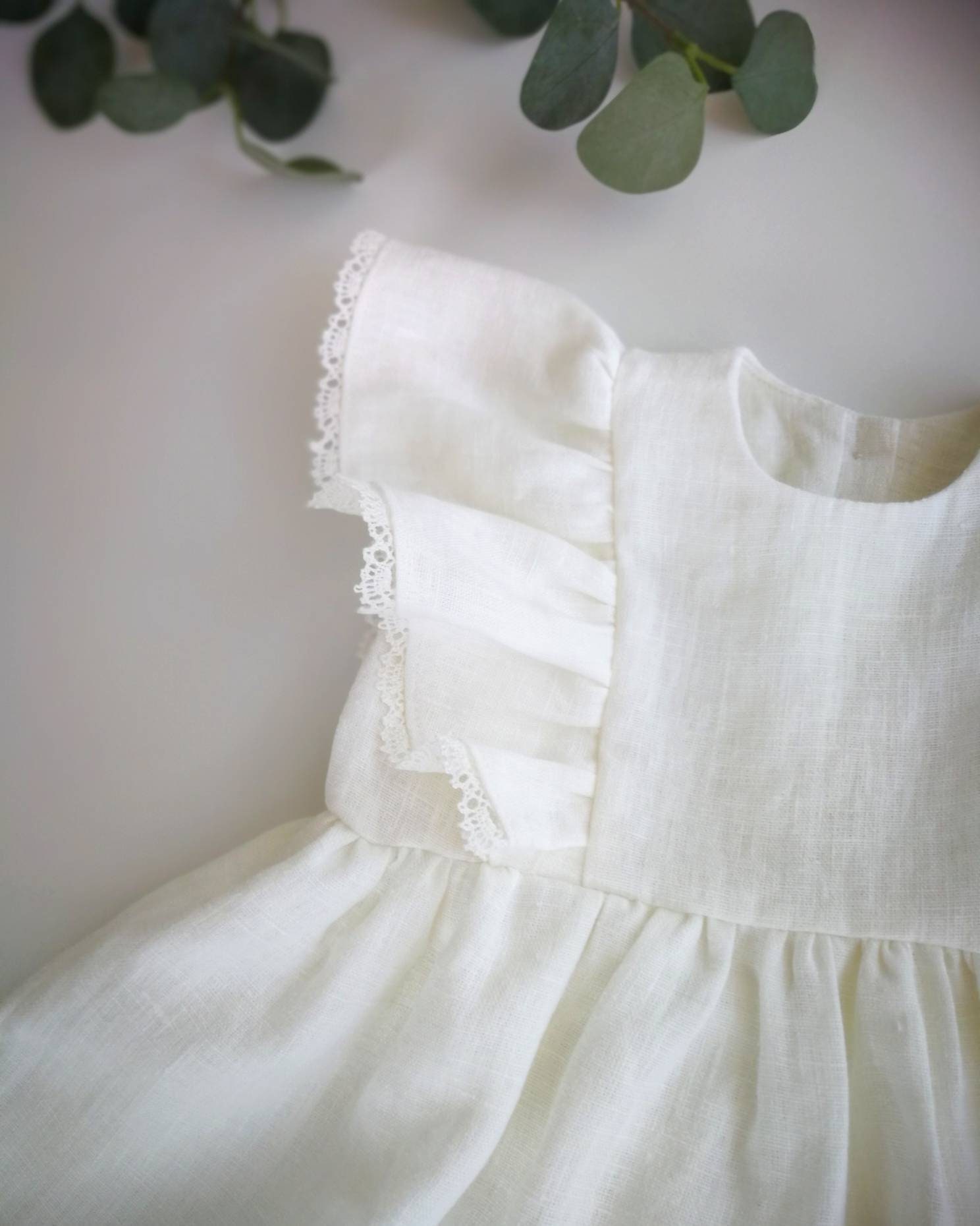 Simple Flower Girl Dress, Linen White Christening Dress Girl, Baptism ...
