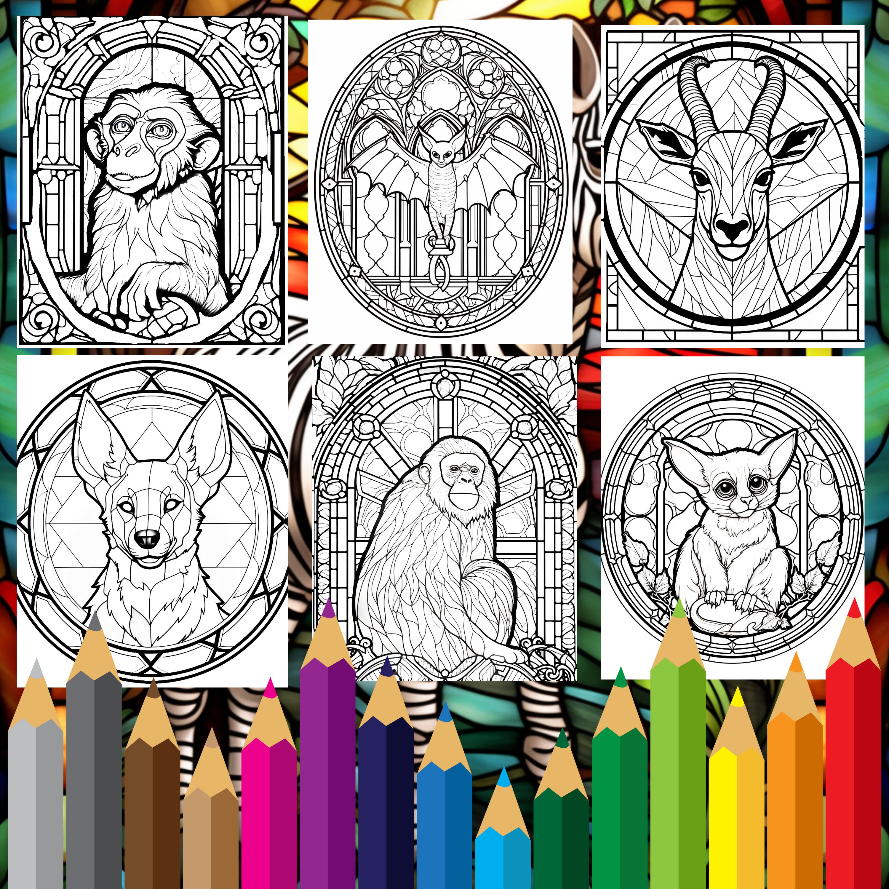 African Animals Stained Glass Coloring Pages - Digital Printable ...