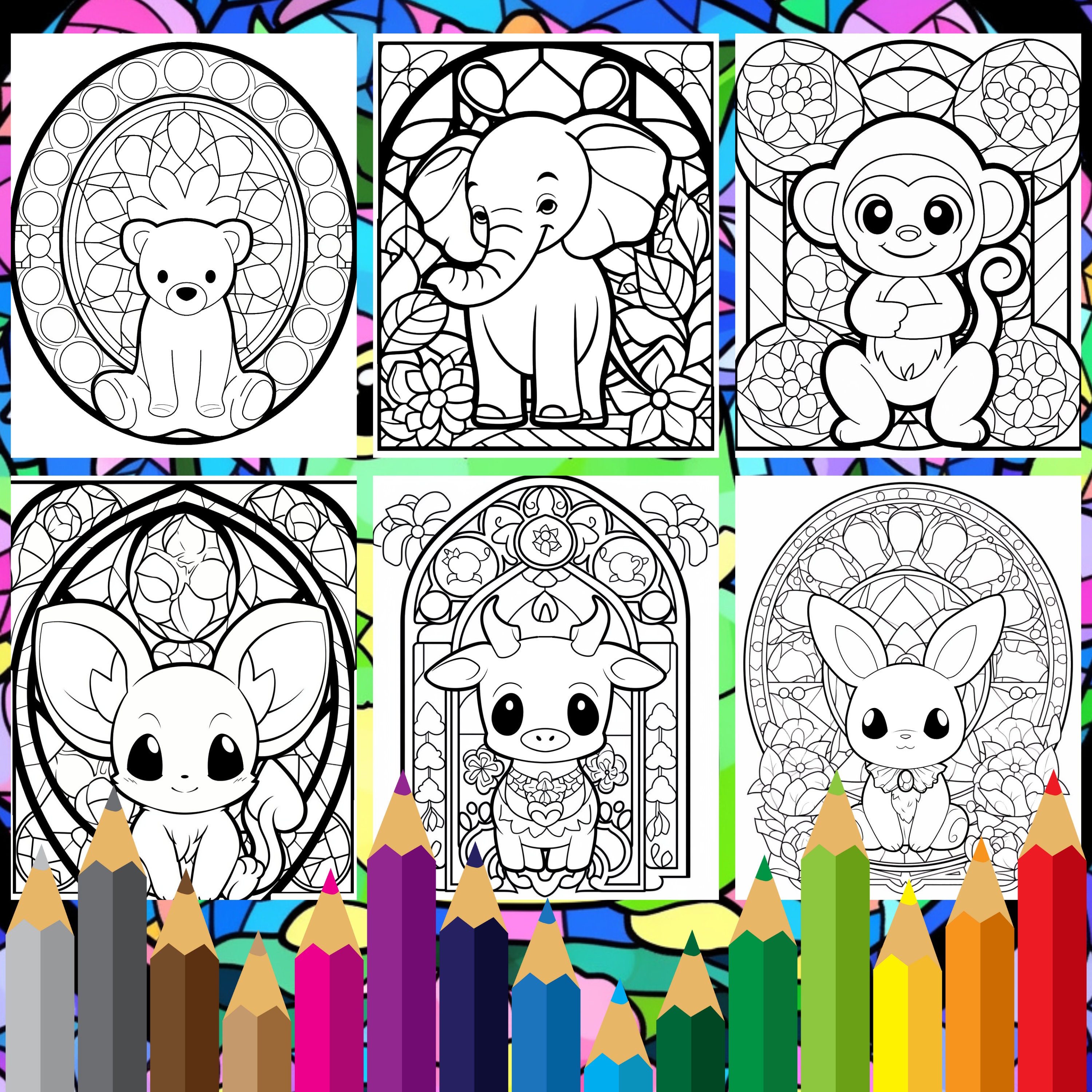 Stained Glass Kawaii Animals Coloring Pages - Digital Printable ...