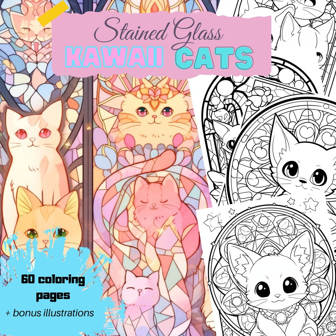 Stained Glass Window Kawaii Cat Coloring Pages Digital Printable ...
