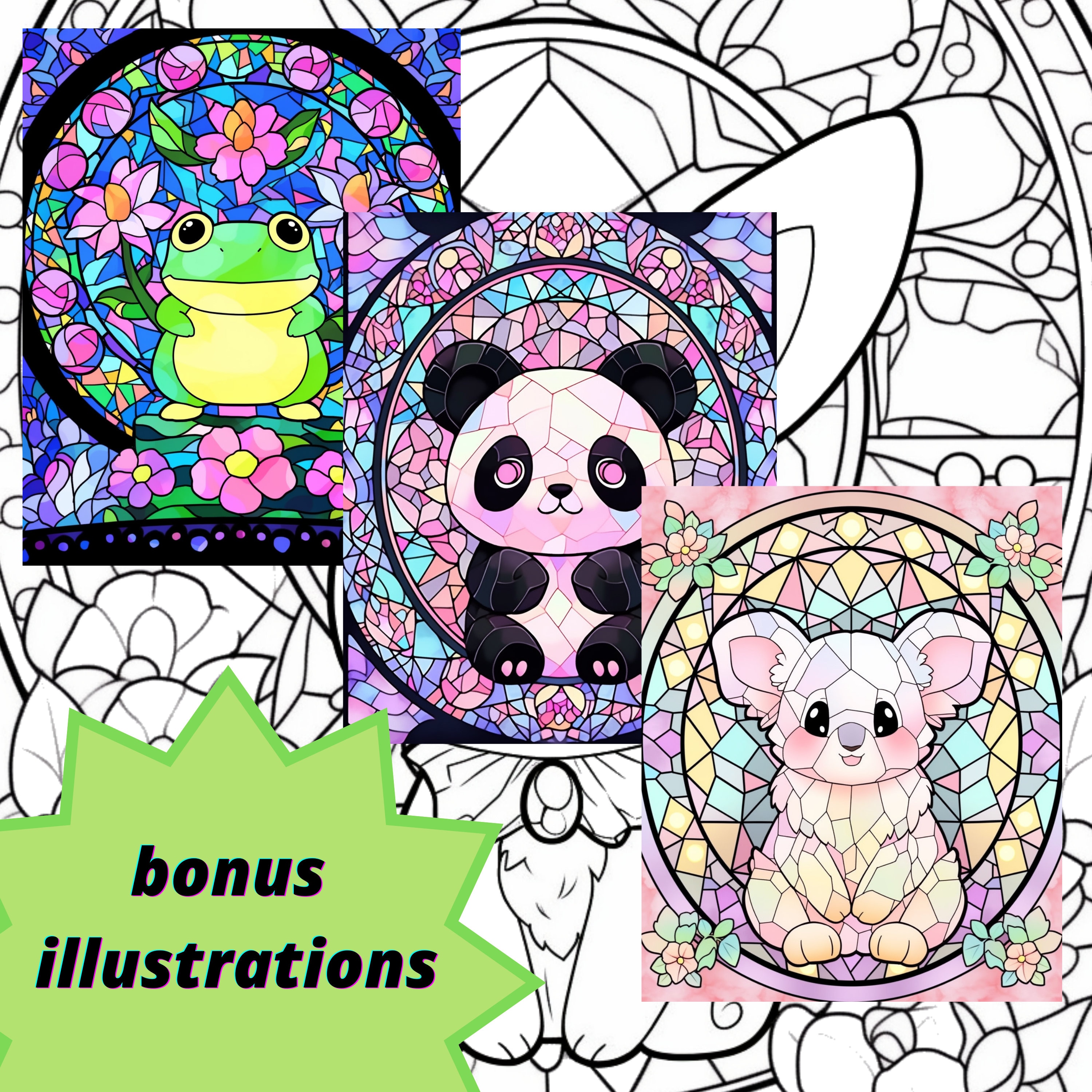 Stained Glass Kawaii Animals Coloring Pages - Digital Printable ...