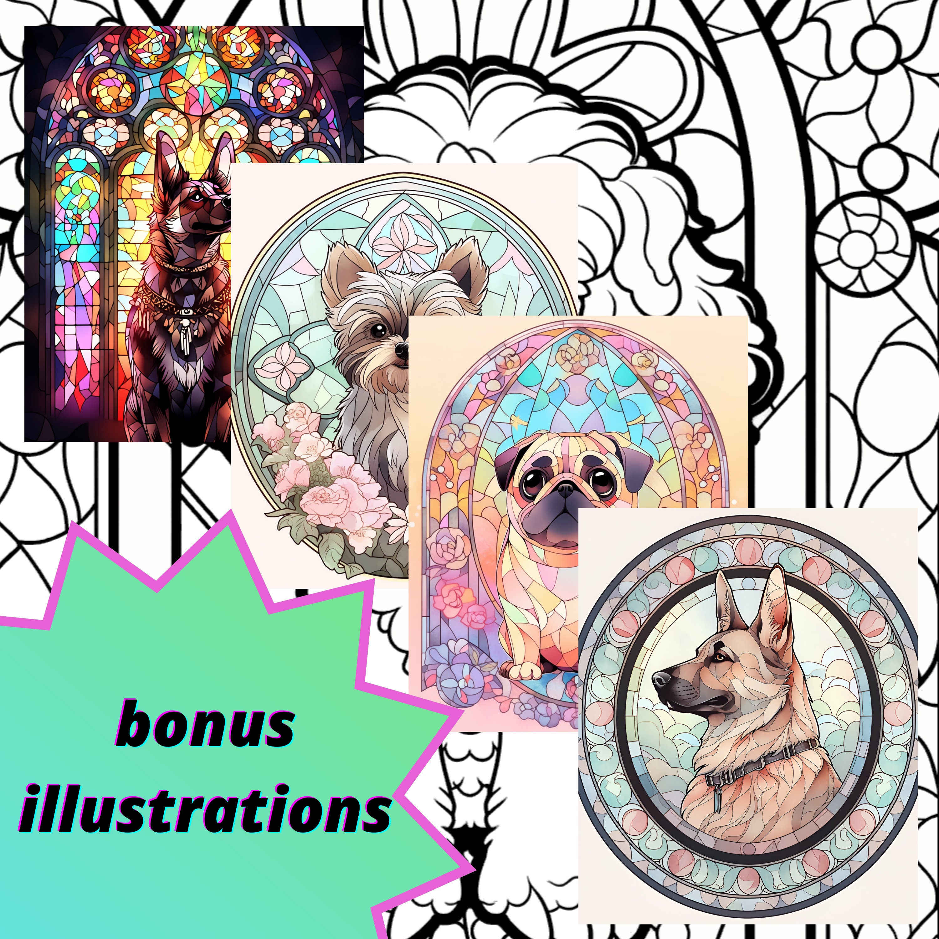 Cute Dog Coloring Pages Stained Glass Kawaii Dogs Digital Coloring ...